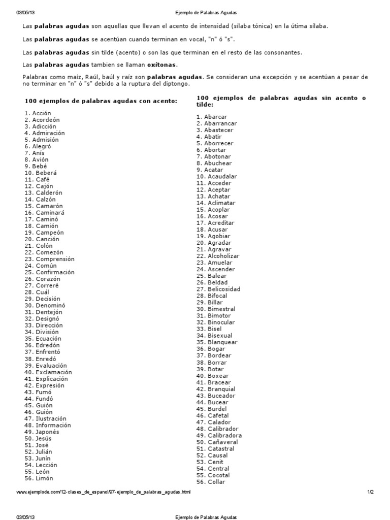 Ejemplo de Palabras Agudas