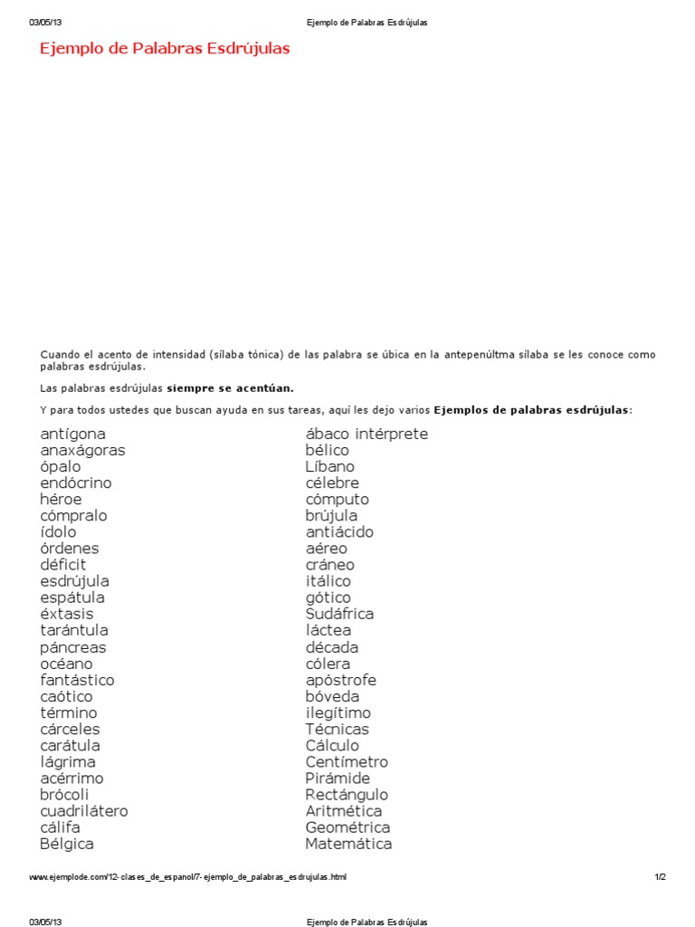 Ejemplo de Palabras Esdrújulas | PDF