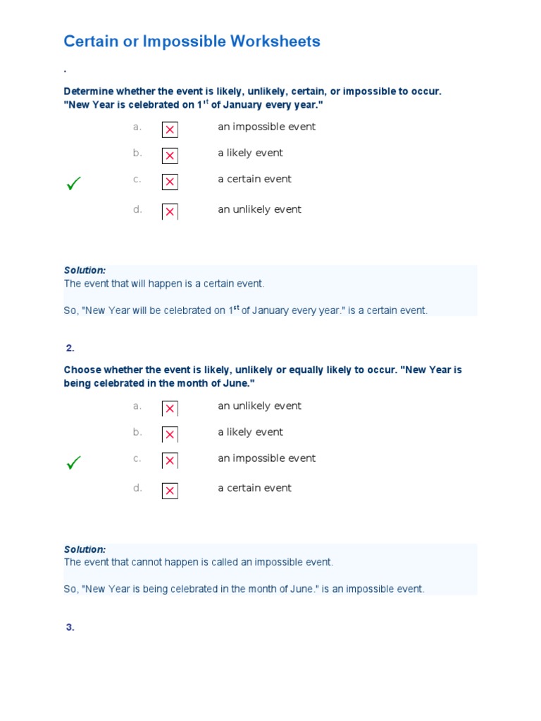 Certain and Impossible Events Worksheets | PDF | Playing Cards ...