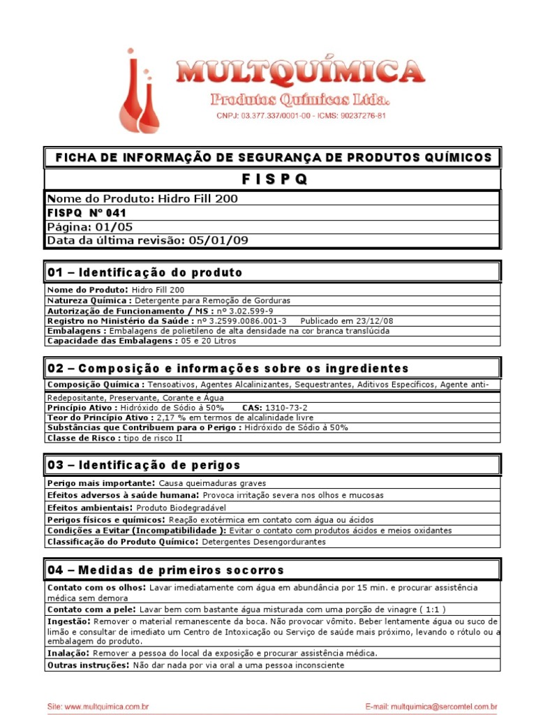 FISPQ HidroFill200 | PDF | Embalagem e rotulagem | Queimadura