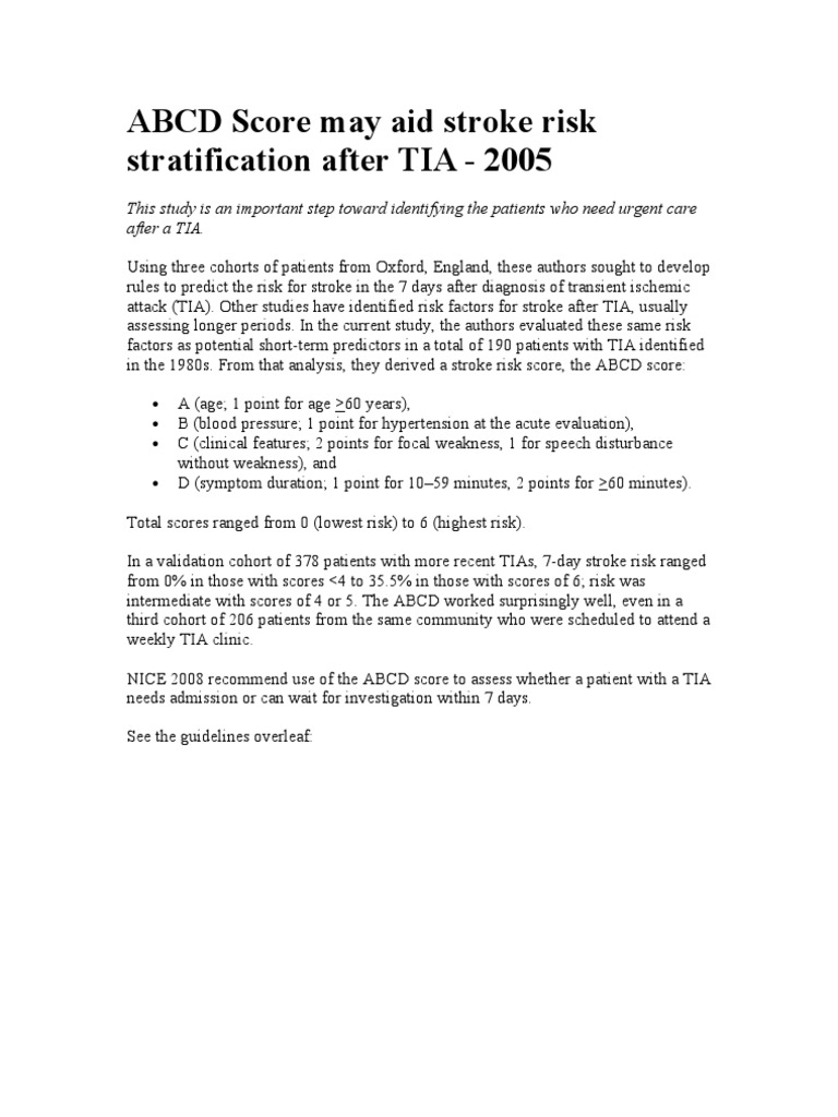 Abcd Score Tia 2008 | PDF | Stroke | Risk
