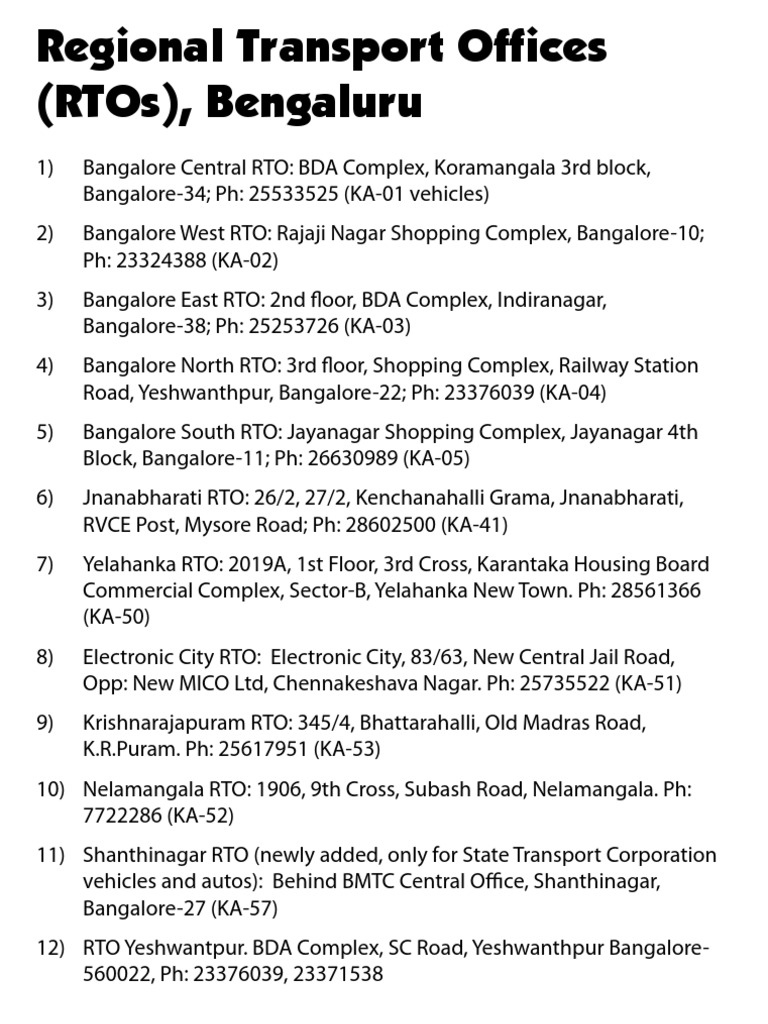 Regional Transport Offices List Bangalore | PDF