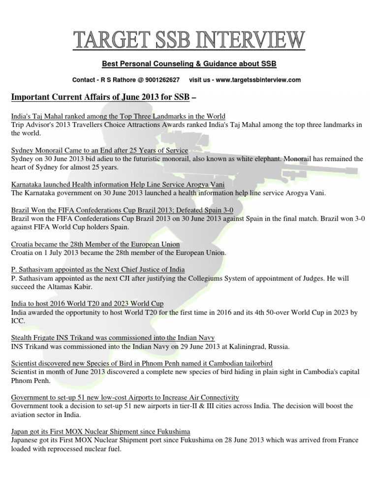 June 2013 Current Affairs For SSB | PDF | Government