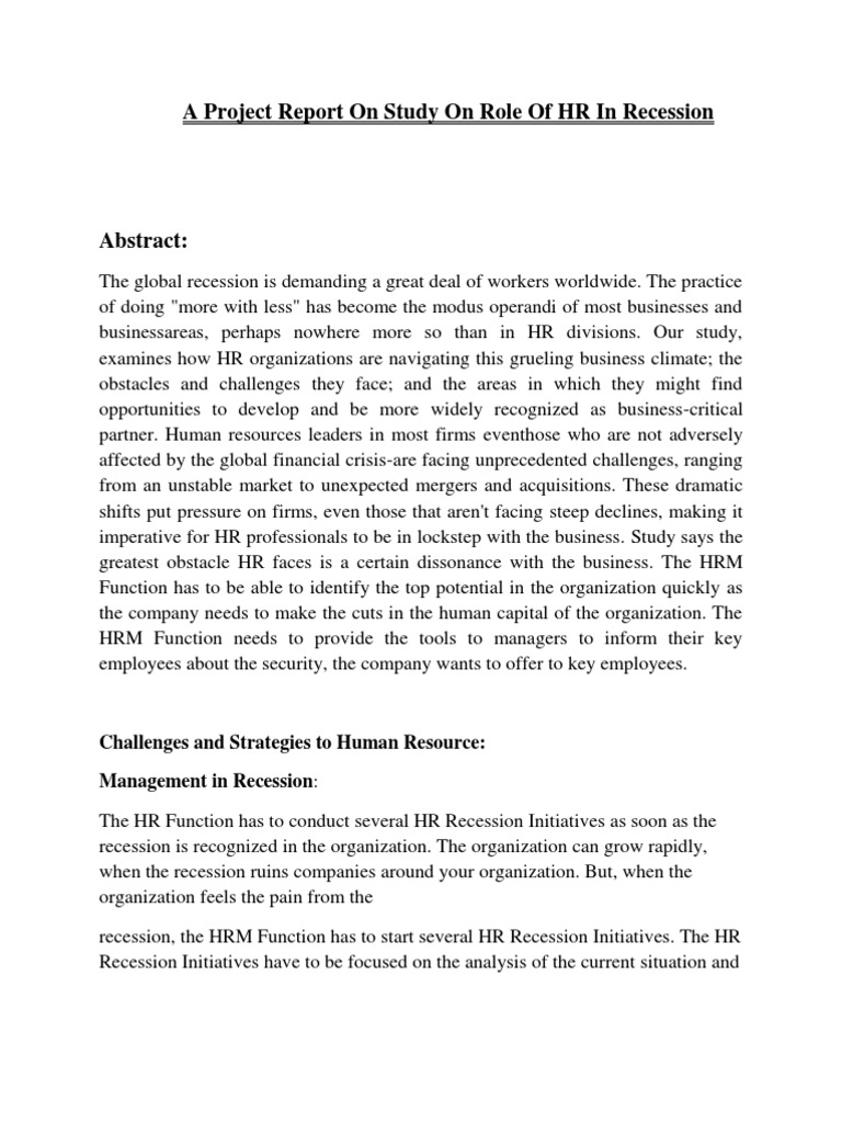 A Project Report On Study On Role of HR in Recession | Download Free PDF | Layoff | Employment