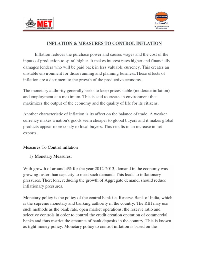 Measures To Control Inflation 1) Monetary Measures | PDF | Inflation ...