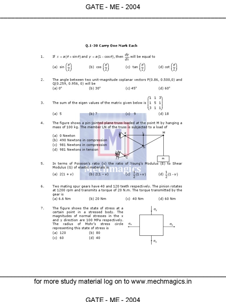 GATE Mechanical Engineering 2004 Solutions | PDF | Rotation Around A ...
