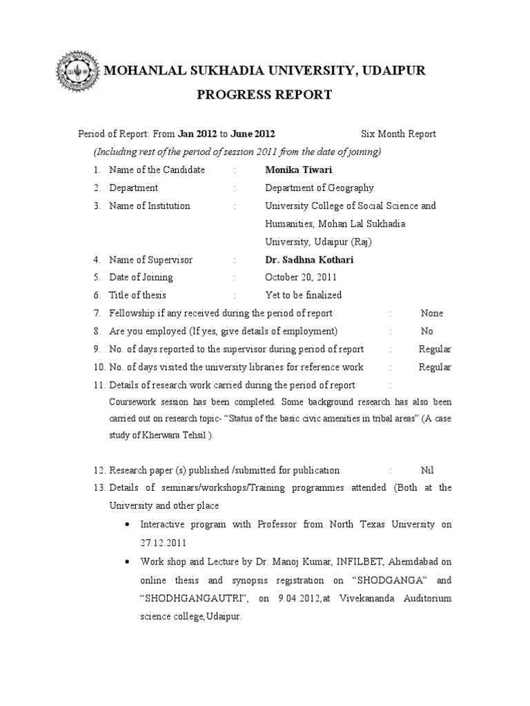 PhD Six Month Progress Report Sample | PDF | Thesis | Academia