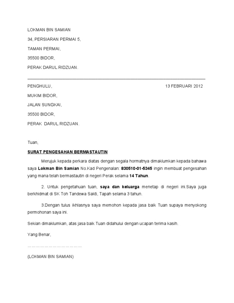 Tempat Tinggal Contoh Surat Pengesahan Ketua Kampung Tempat Tinggal Contoh Surat Pengesahan Ketua Kampung