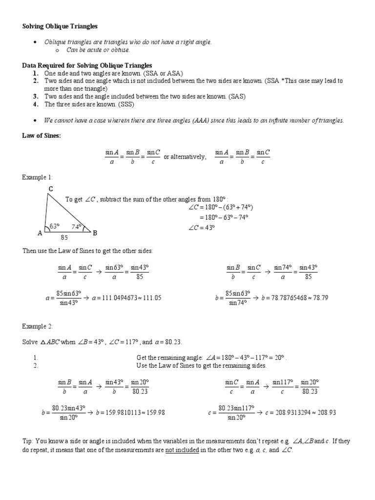 Solving Oblique Triangles Guide | PDF | Trigonometric Functions | Sine