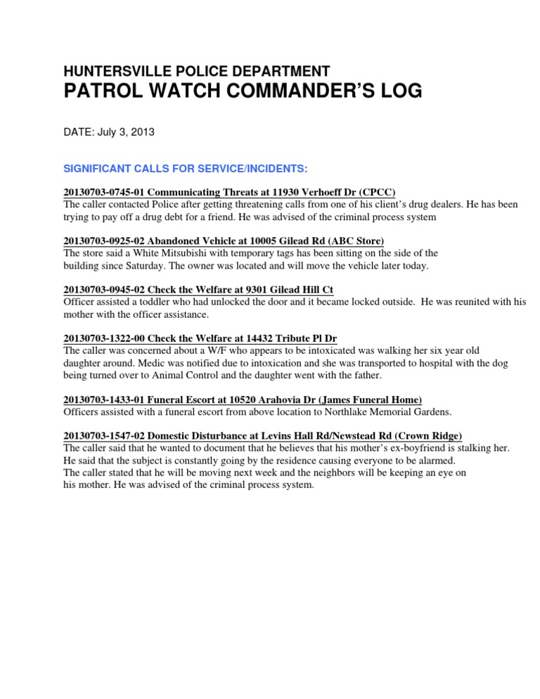 Huntersville Police Log: July 3, 2013 | PDF