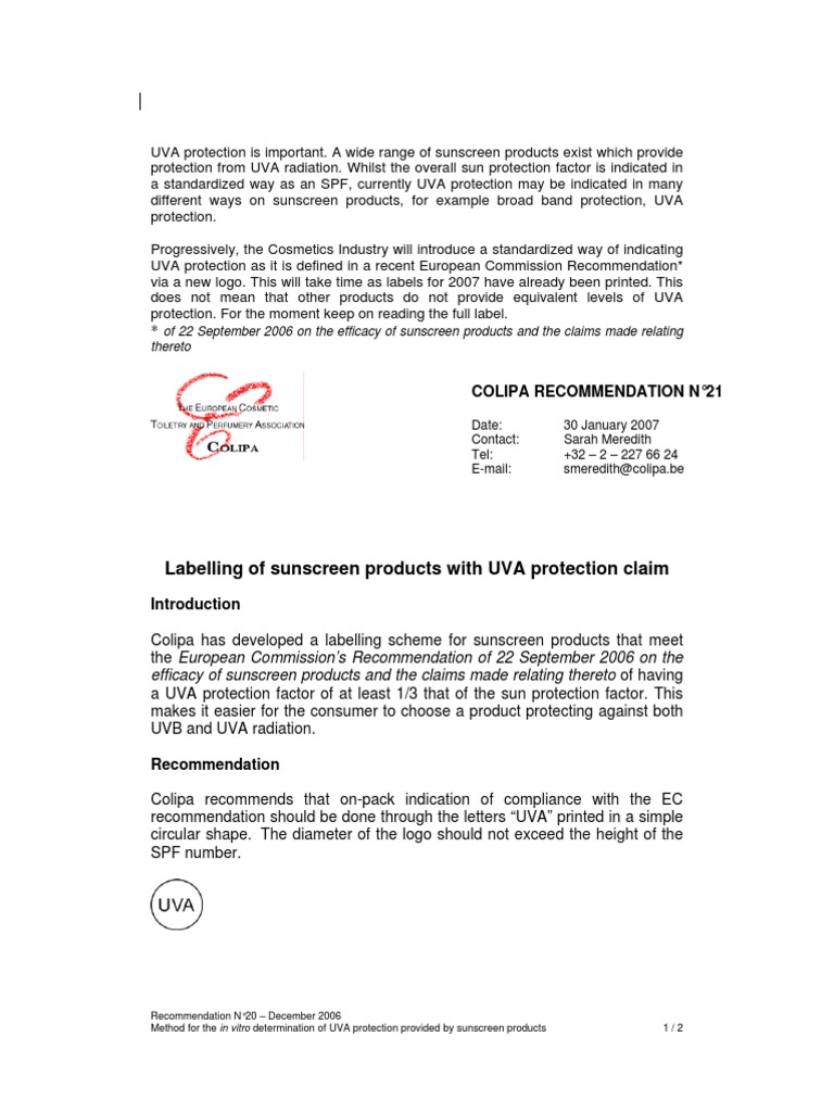 UVA Protection Labelling Guidelines | PDF