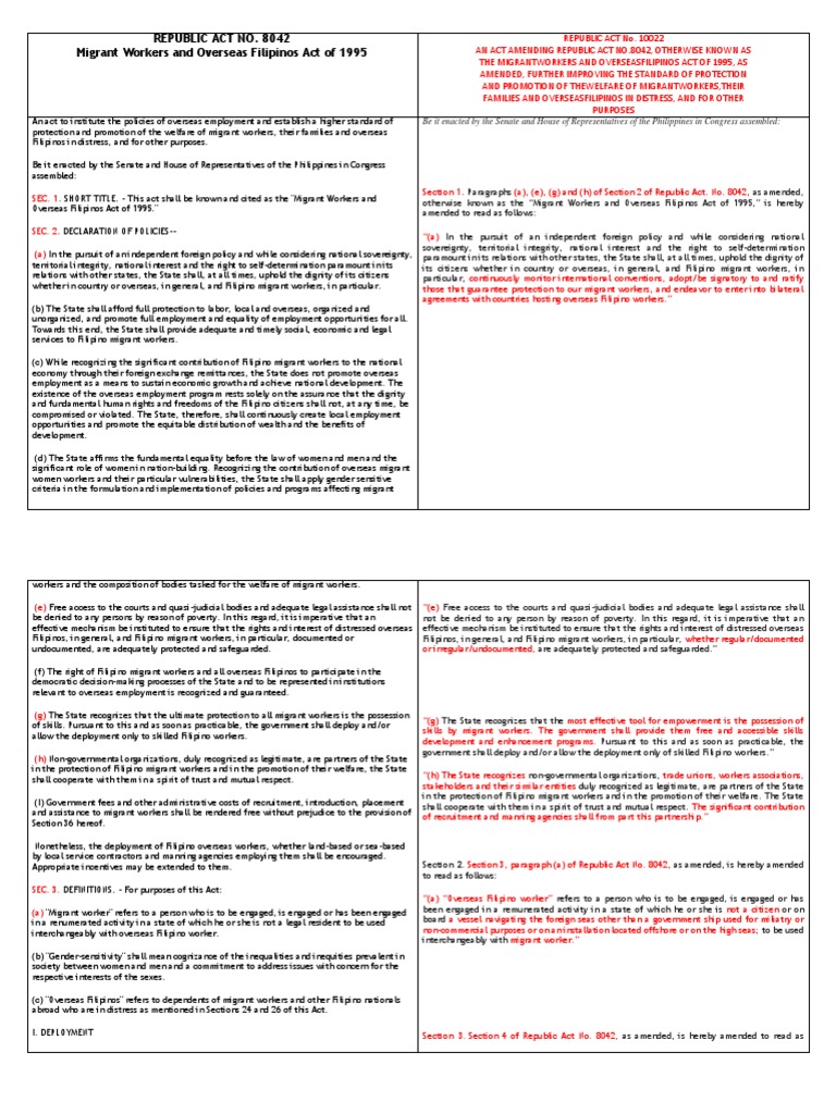 RA 8042 Vs RA 10022 | PDF | Migrant Worker | Law Of Agency