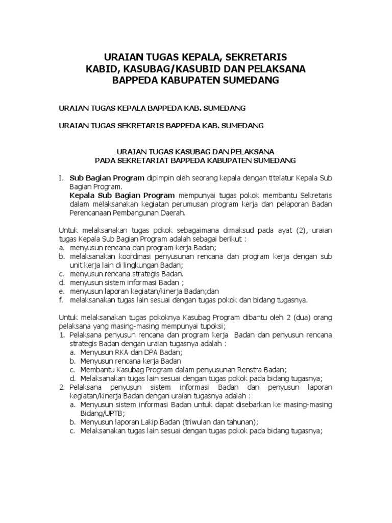 Uraian Tugas Bappeda Kabupaten Sumedang | PDF