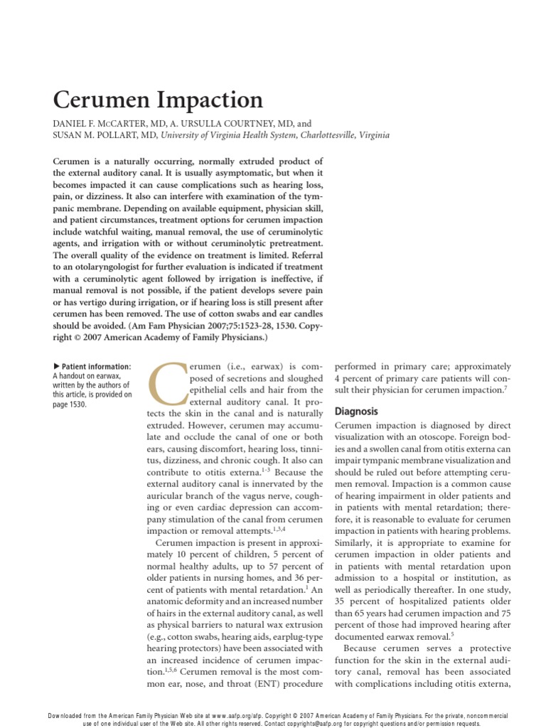 Cerumen Impaction PDF | PDF | Auditory System | Medicine