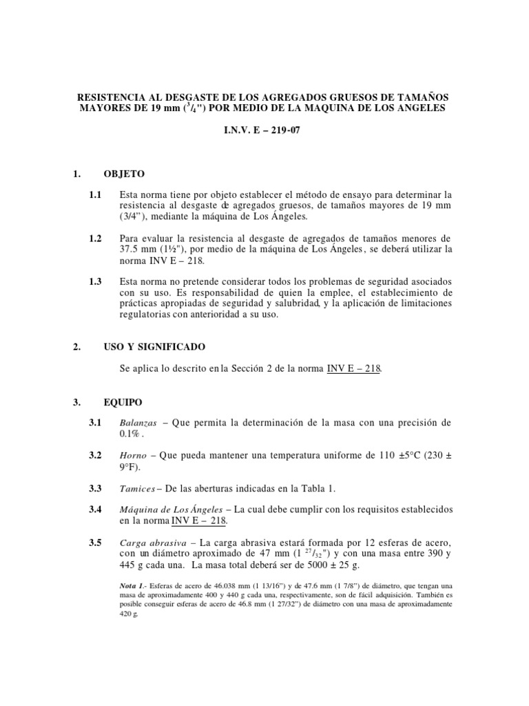 Norma INV E-219-07 Resistencia Al Desgaste de Los Agregados Gruesos de Tamaños Mayores de 19mm ...