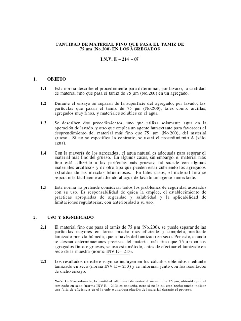 Norma INV E-214-07 Cantidad de Material Fino Que Pasa El Tamiz de 75 ... Norma INV E-214-07 Cantidad de Material Fino Que Pasa El Tamiz de 75 ...