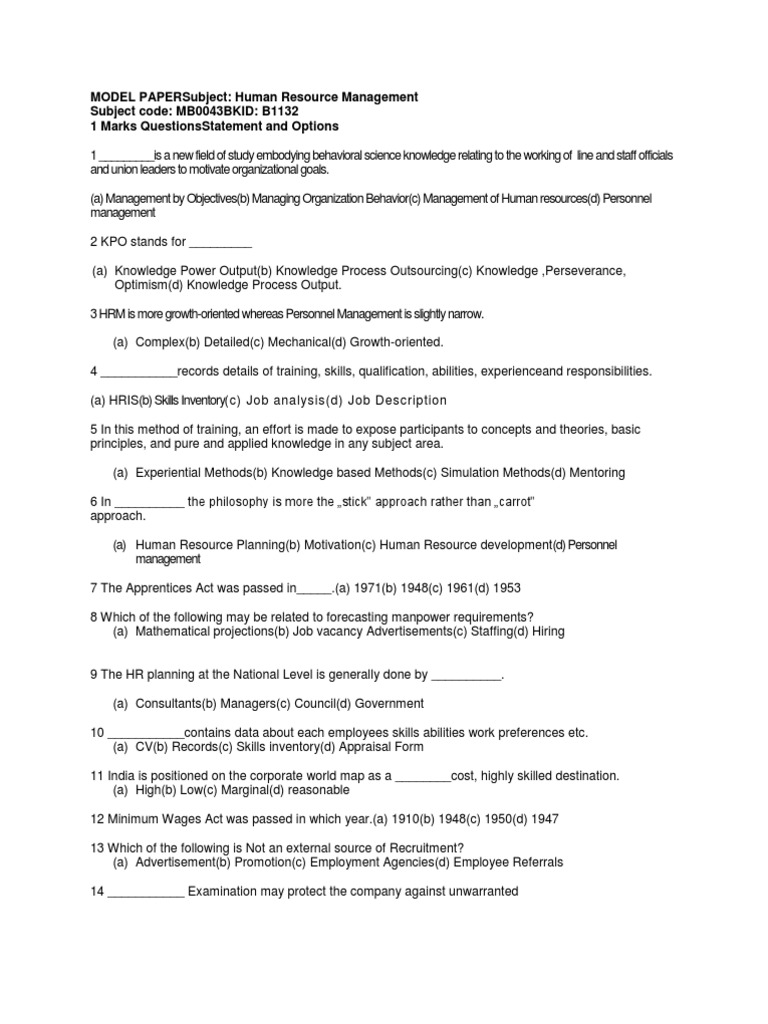 Question Paper of HRM | PDF | Human Resource Management | Performance ...