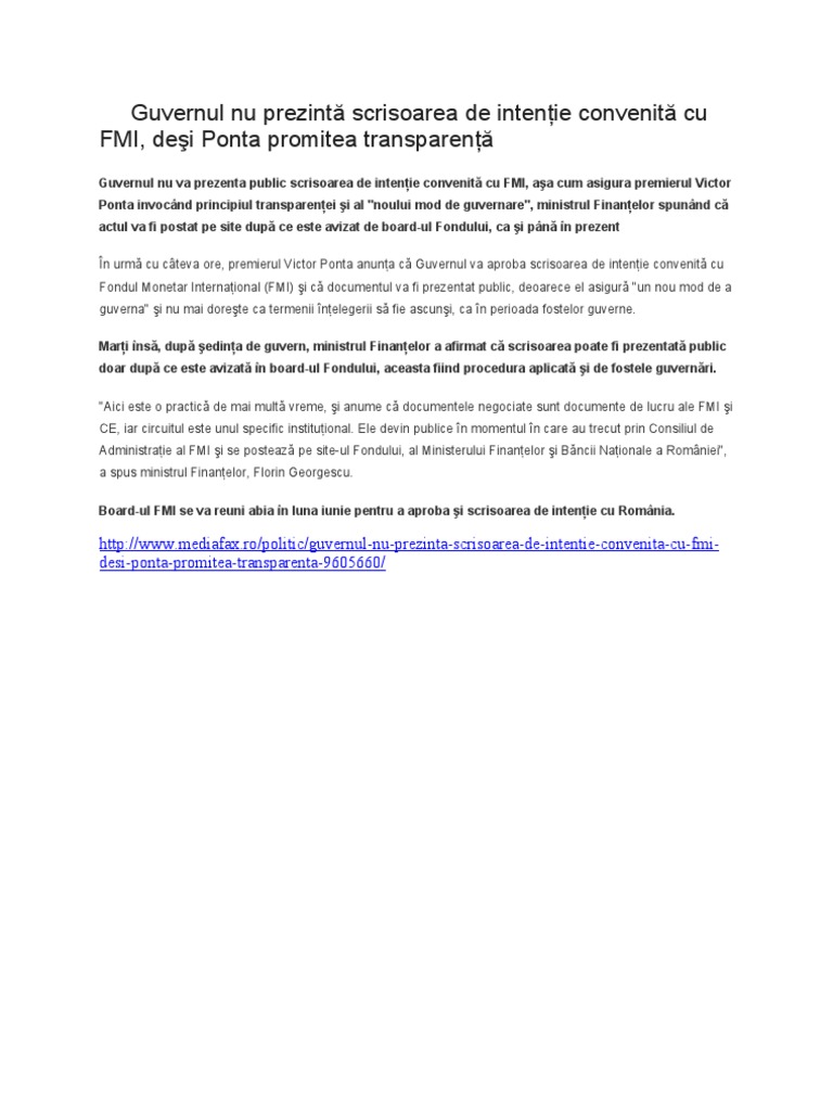 Scrisoare de Intentie FMI | PDF