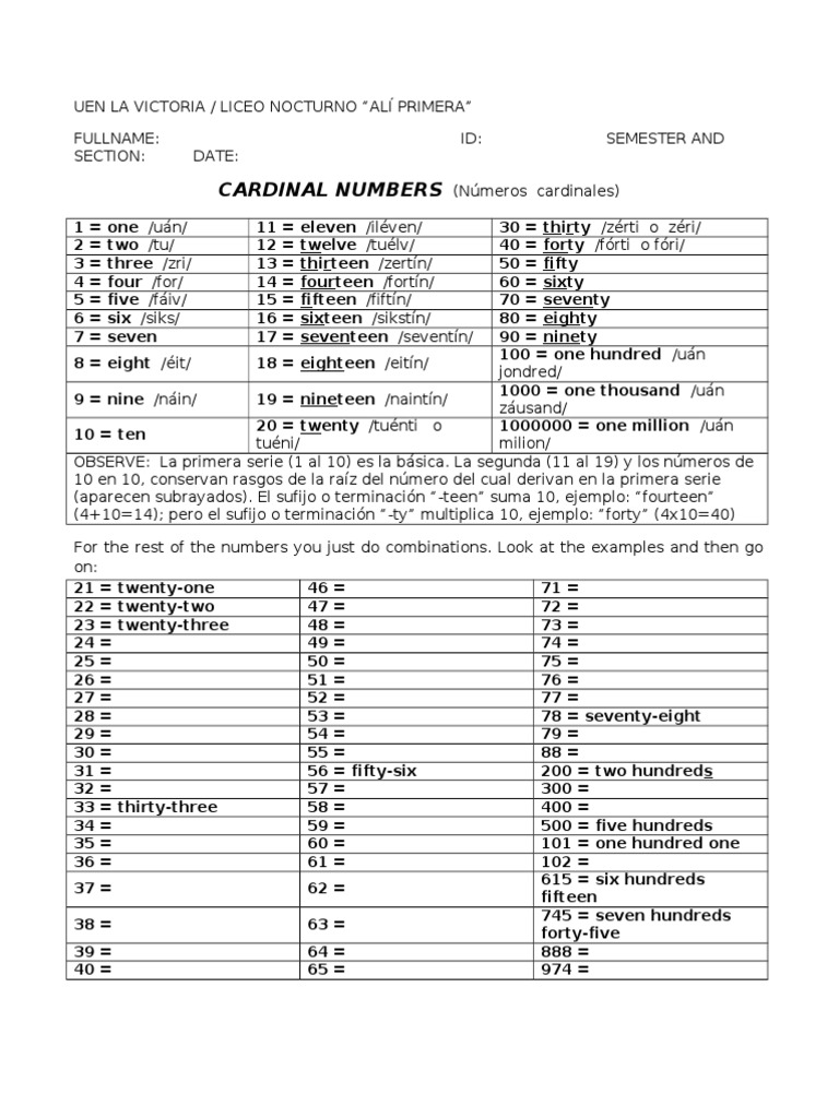 Cardinal Numbers: (Números Cardinales) | PDF | Teaching Methods & Materials
