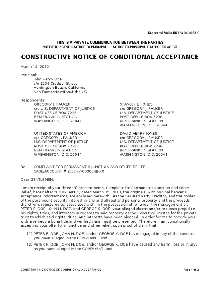 Notice of Conditional Acceptance | PDF | Affidavit | Notary Public