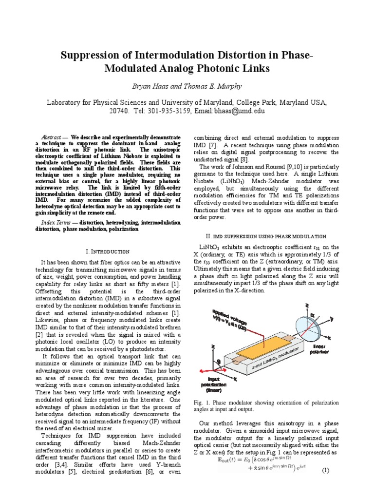 Suppression Of Intermodulation Distortion In Phase Modulated Analog