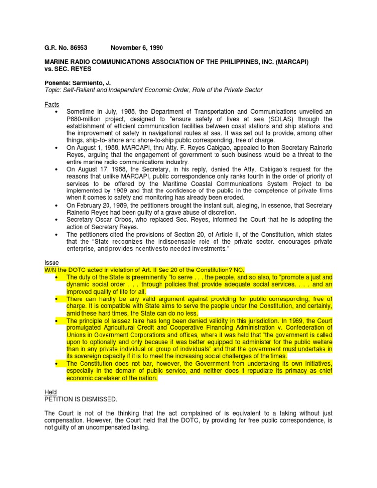 Marine Radio Comm'n Assoc'n vs. Reyes, 191 SCRA 205 | PDF ...