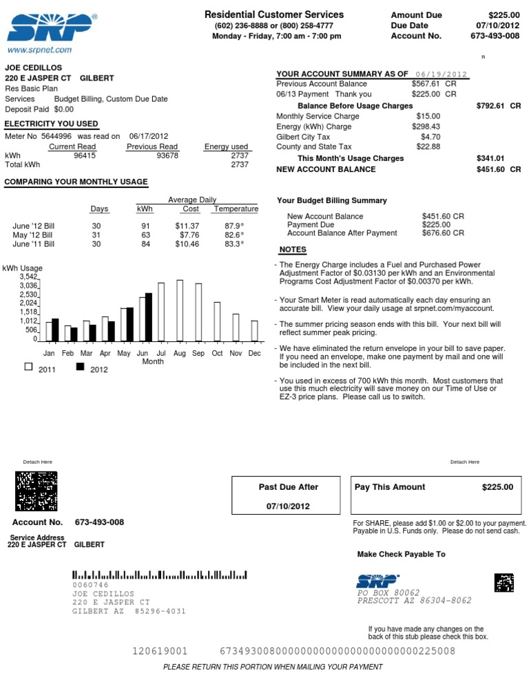 SRP Electric Bill Summary for Gilbert AZ | PDF | Finance & Money Management