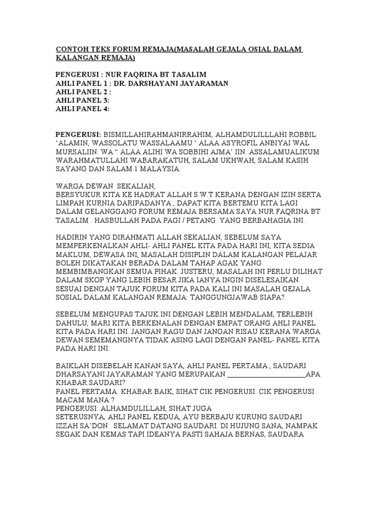 Contoh Teks Forum Masalah Gejala Sosial Dalam Kalangan Masyarakat | PDF ...
