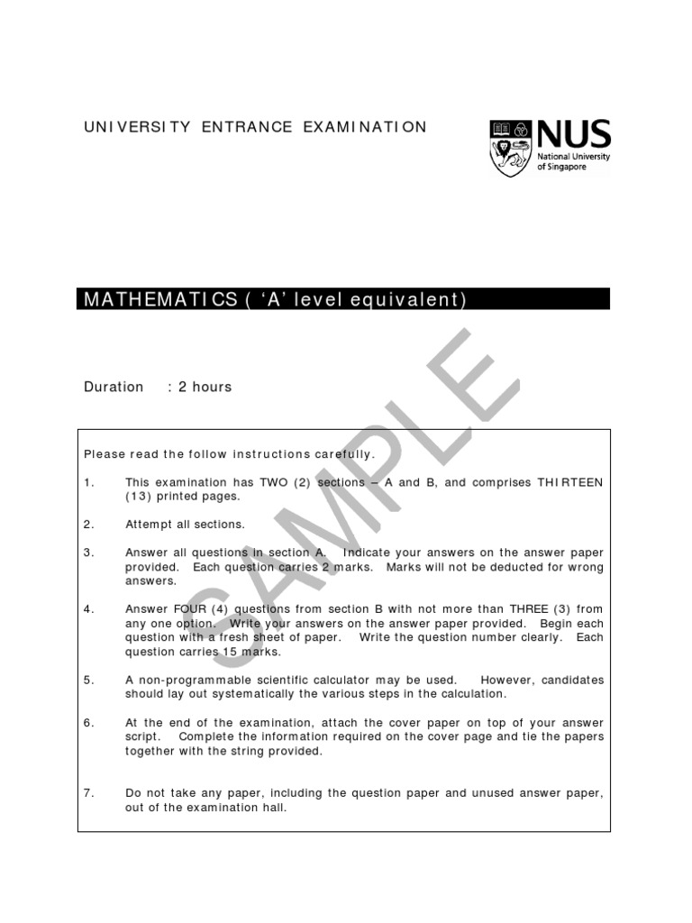 MATH A Level For NUS Entrance Examination | PDF