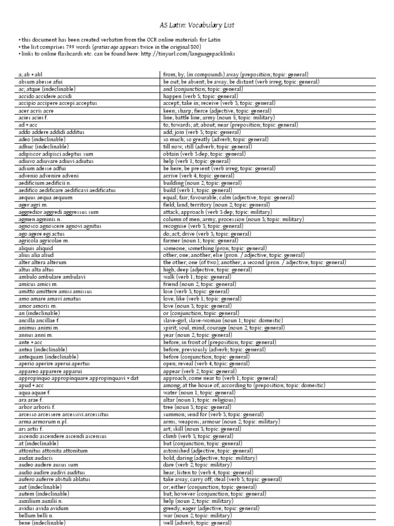 As Latin - Vocabulary List | Download Free PDF | Verb | Adverb