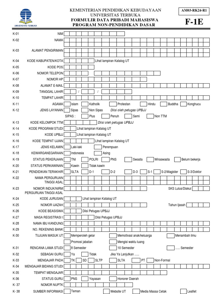 Formulir Data Pribadi Mahasiswa UT Non Pendas 20131 F1E | PDF | Karier & Perkembangan | Kajian ...