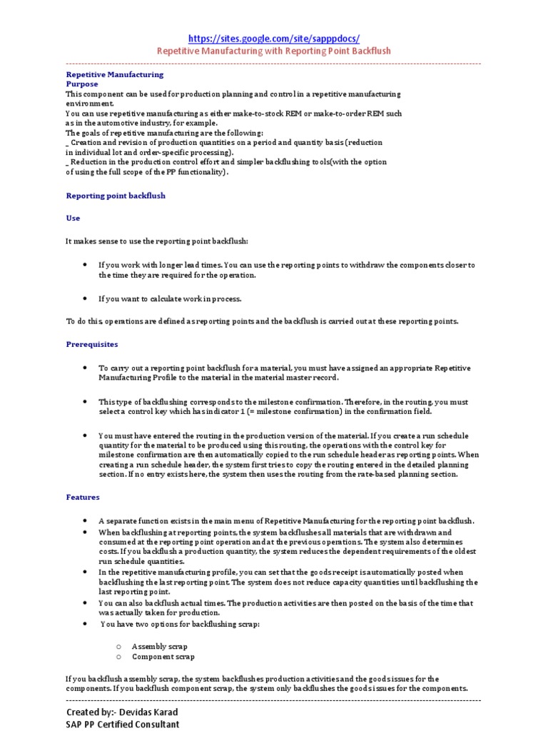 SAP Repetitive Manufacturing With Reporting Point Backflush | PDF ...