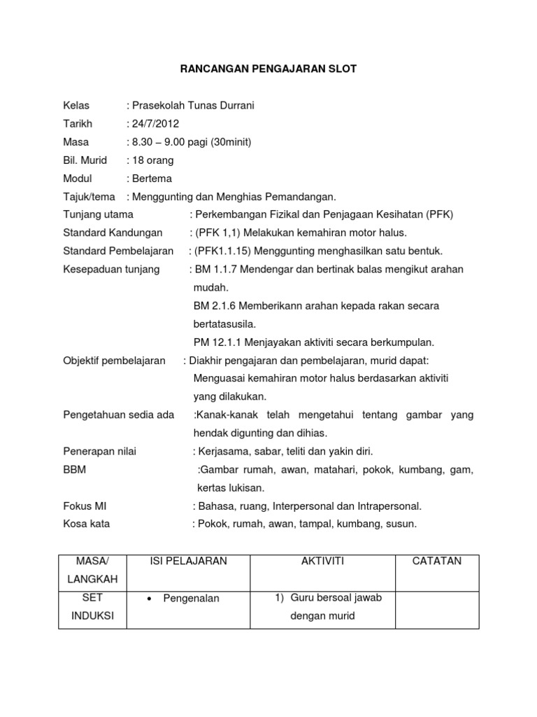 Rancangan Pengajaran Slot Prasekolah | PDF