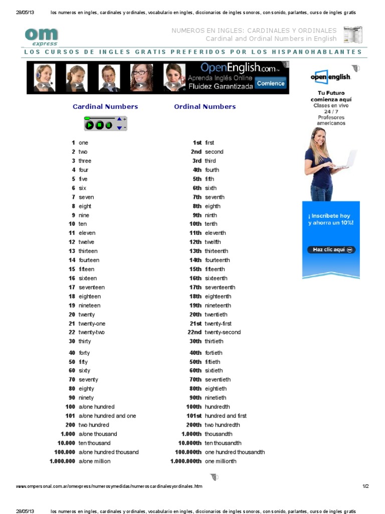 Numeros Ordinales Y Cardinales Del 1 Al 100