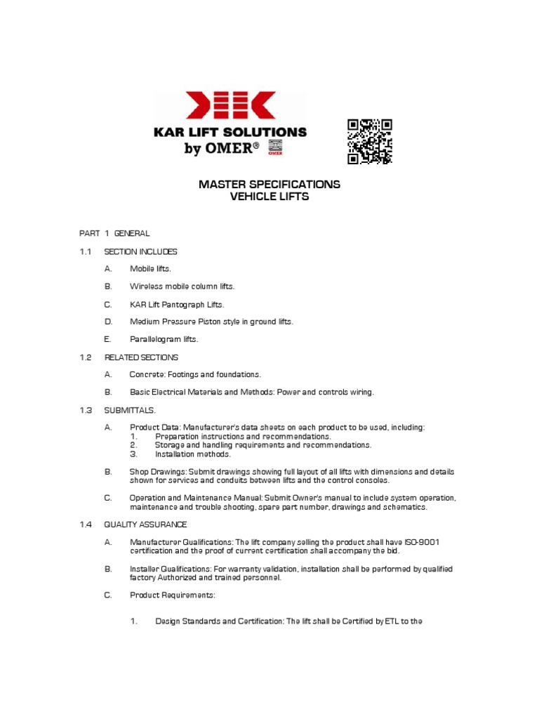 Master Specifications Vehicle Lifts | PDF | Elevator | Switch