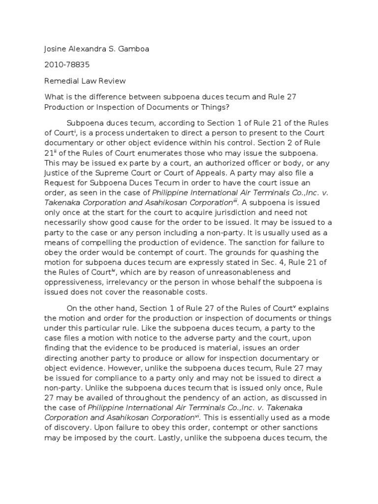 Rule 27 v. Subpoena | PDF | Subpoena Duces Tecum | Subpoena