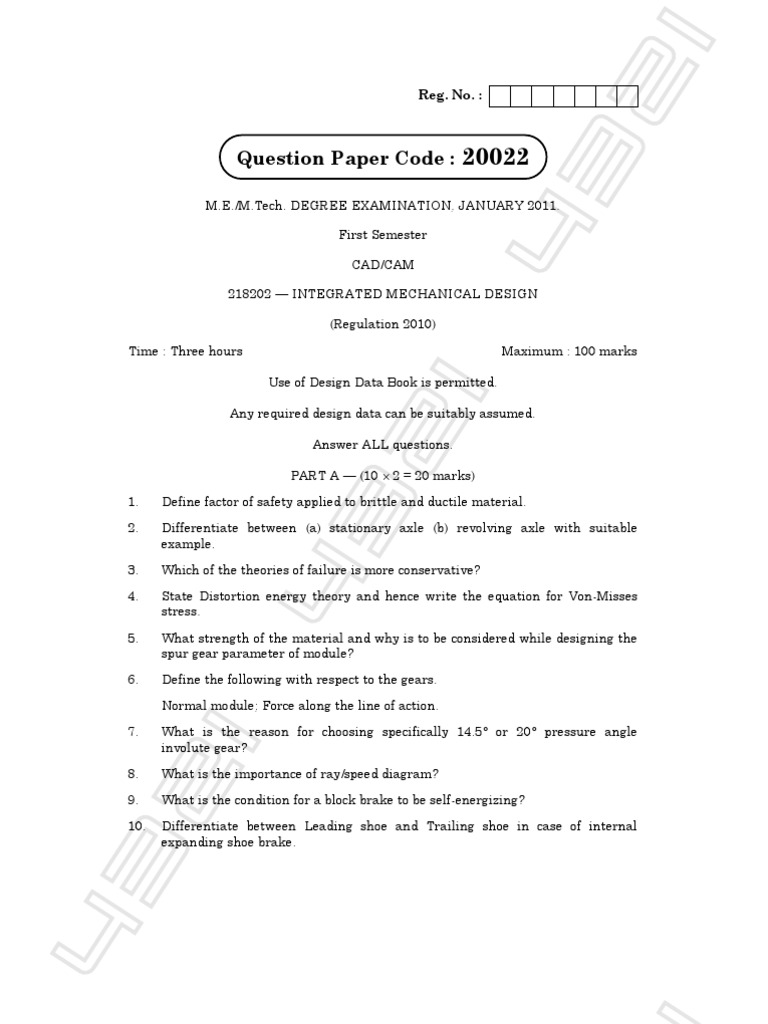 Mechanical Design Exam Paper 2011 | PDF