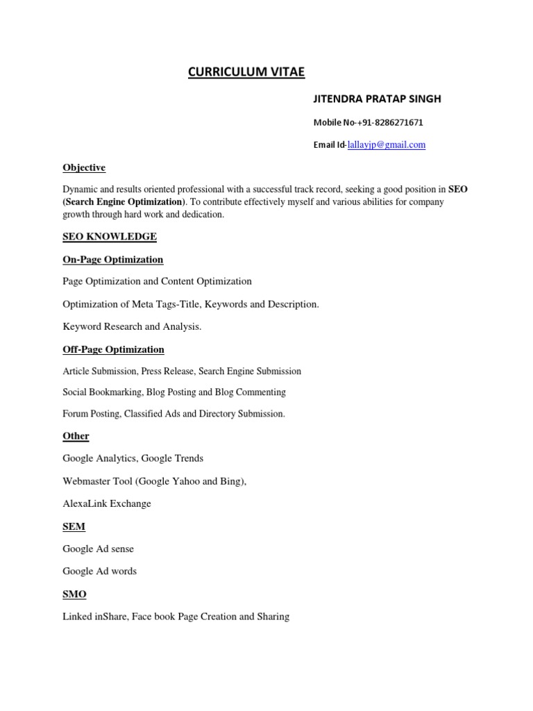 Curriculum Vitae: Jitendra Pratap Singh | PDF | Career & Growth | Business