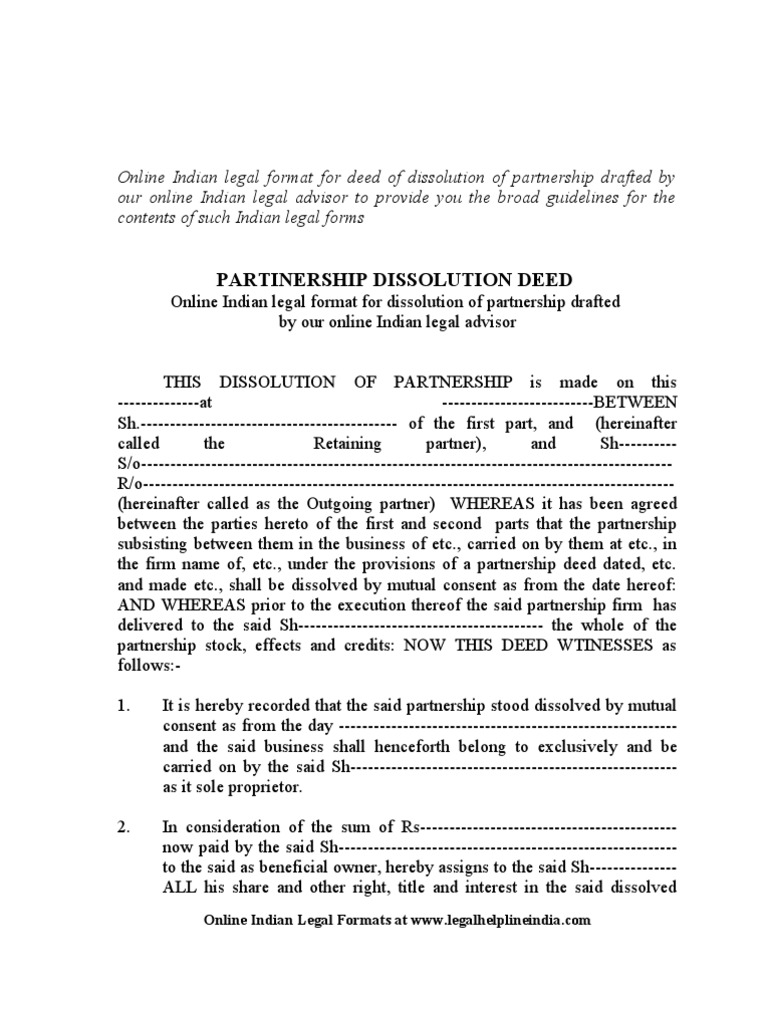 Partnership Dissolution Deed Format | PDF