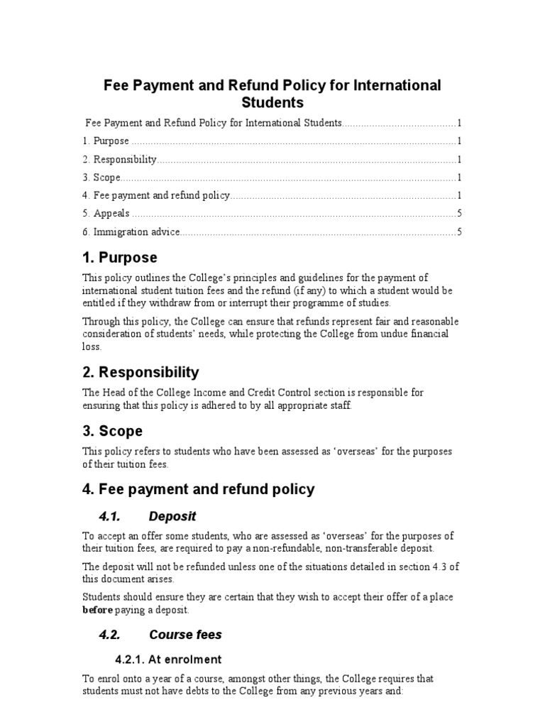 Fee Payment and Refund Policy For International Students: 4.1. Deposit ...