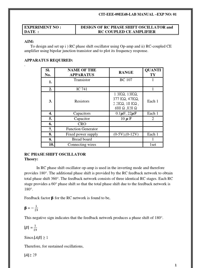 RC Phase Shift Oscillator and RC Coupled Ce Amplifier - Lab Experiment ...