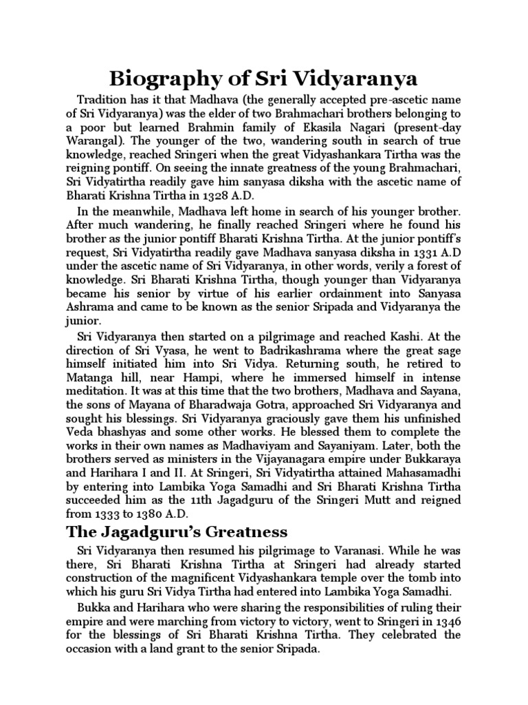 Biography of Sri Vidyaranya | PDF