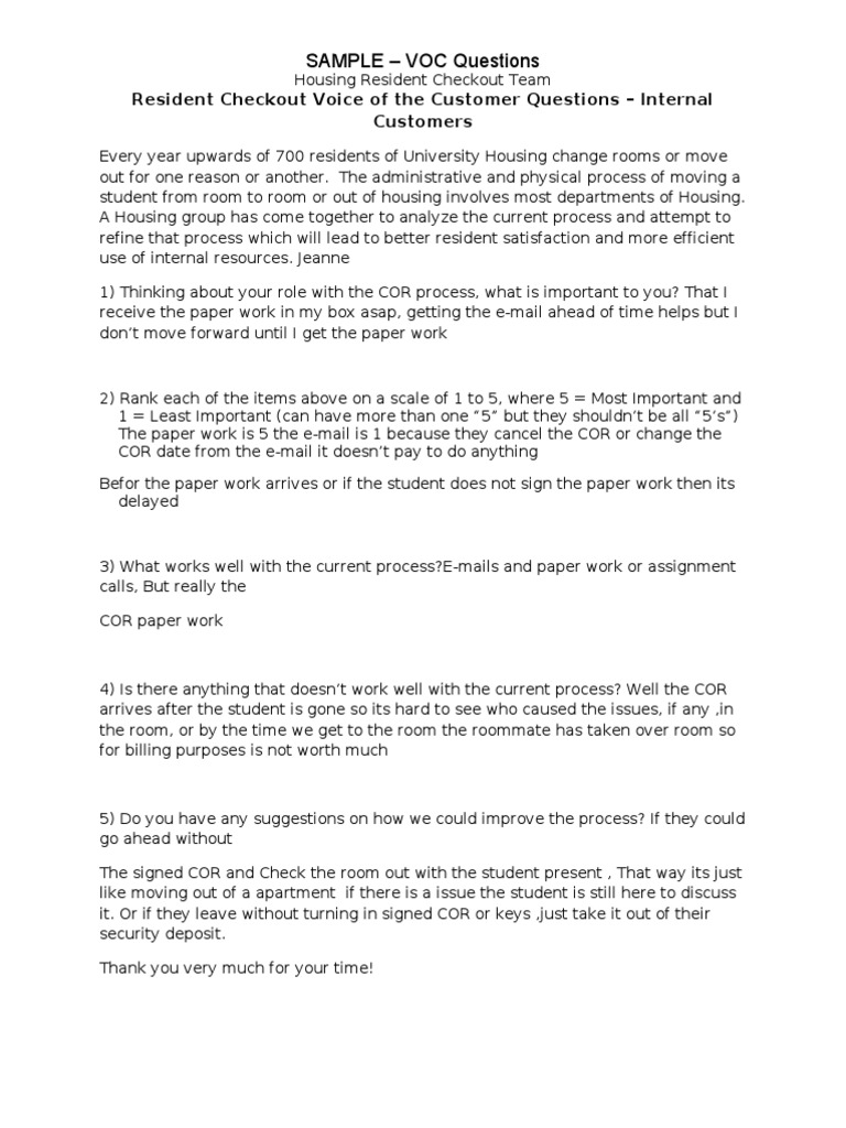 Voice of Customer Sample Questionnaire 2 | PDF | Business | Science
