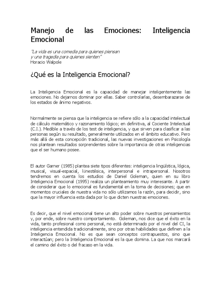 Manejo De Las Emociones Pdf Inteligencia Emocional Las Emociones