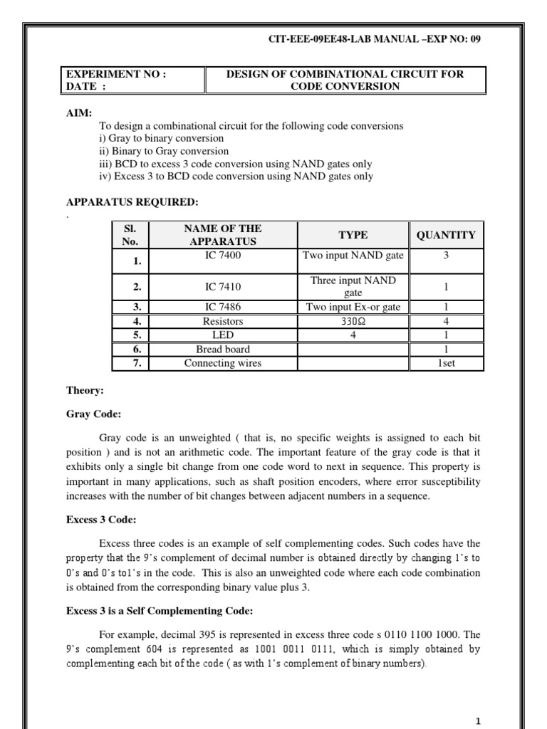 Design Of Combinational Circuit For Code Conversion Pdf Binary Coded Decimal Bit
