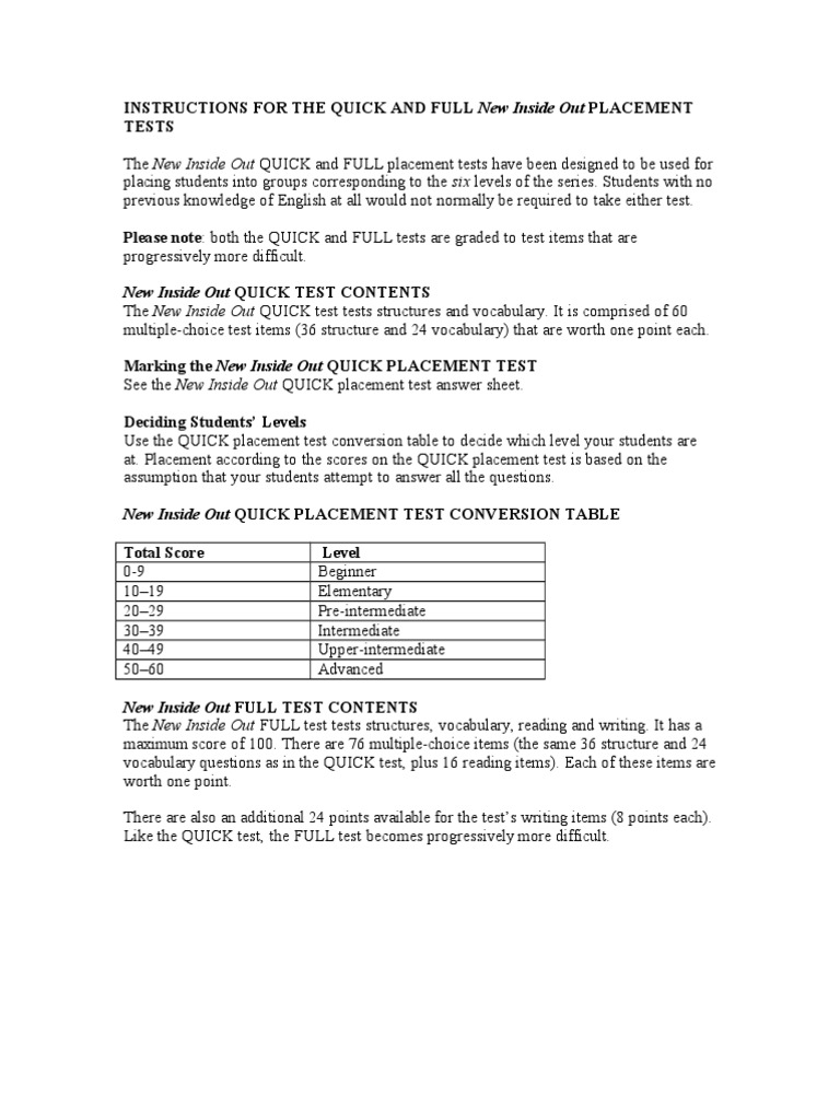Full Placement Test Placement Test For Entering C Senior ESL
