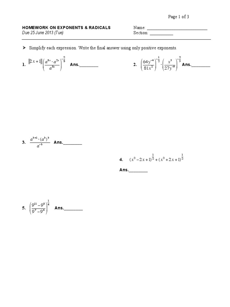 Due 25 June 2013 (Tue) : Homework On Exponents & Radicals | PDF
