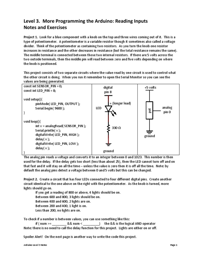 Level 3. More Programming The Arduino: Reading Inputs Notes and ...