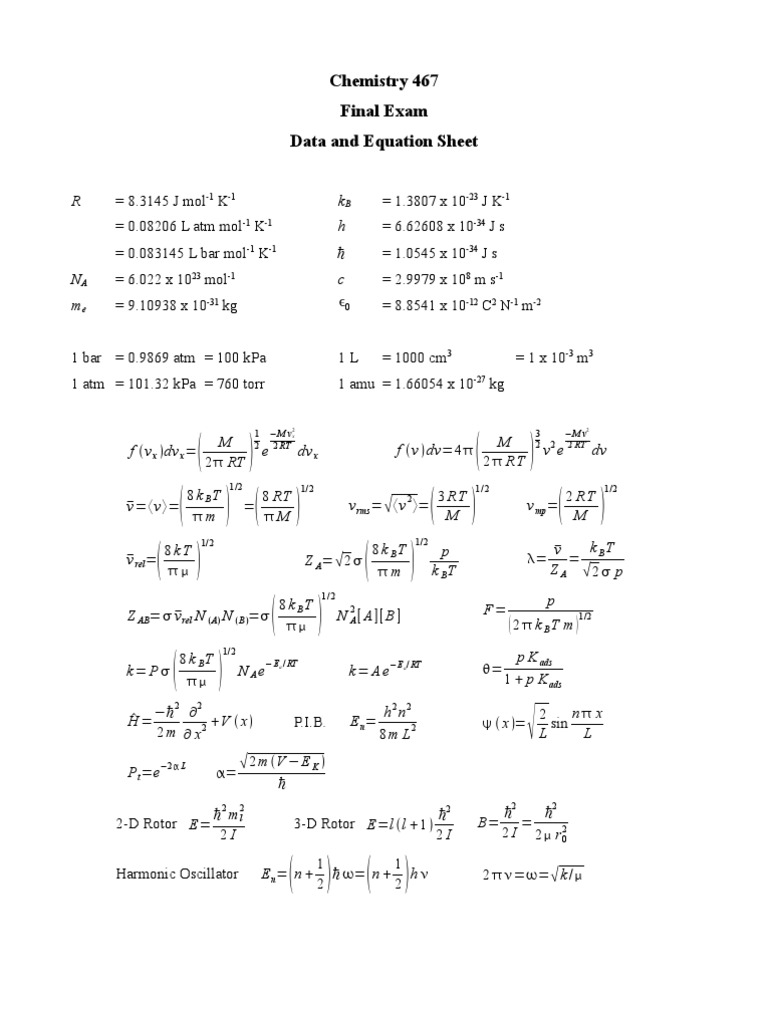 Final Equation Sheet - Physical Chemistry | PDF