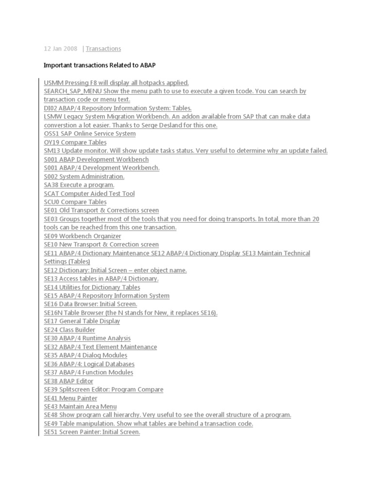 Transaction Codes Abap | PDF | Digital Technology | Computer Programming